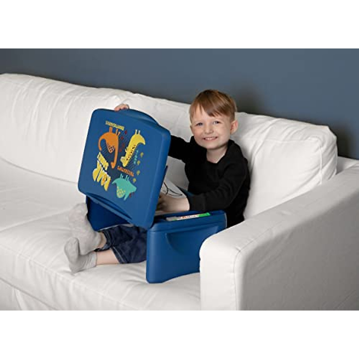 Baby Boom Funhouse Dinosaurs Kids Lap Desk with Storage - Folding Lid & Collapsible Design - Portable for Travel or use in Bed at Home - Great for Writing, Reading, Blue, 1 Count