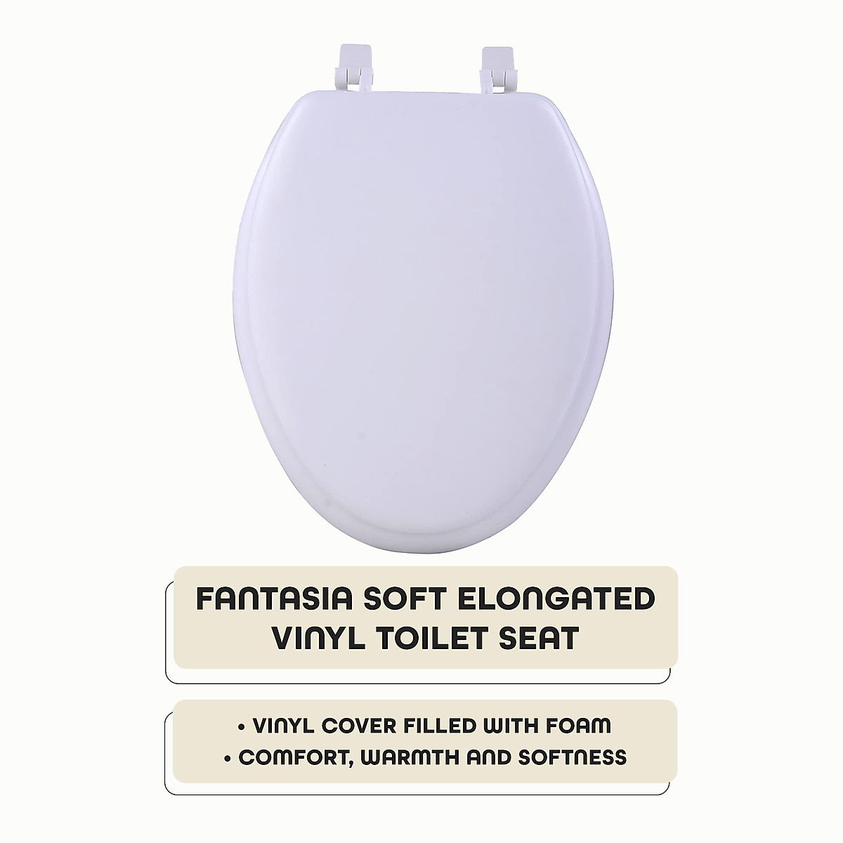 Soft Elongated Vinyl Toilet Seat, White - 19 Inch Soft Vinyl Cover with Comfort Foam Cushioning - Fits All Elongated Size Fixtures - Easy to Install Fantasia by Achim Home Decor