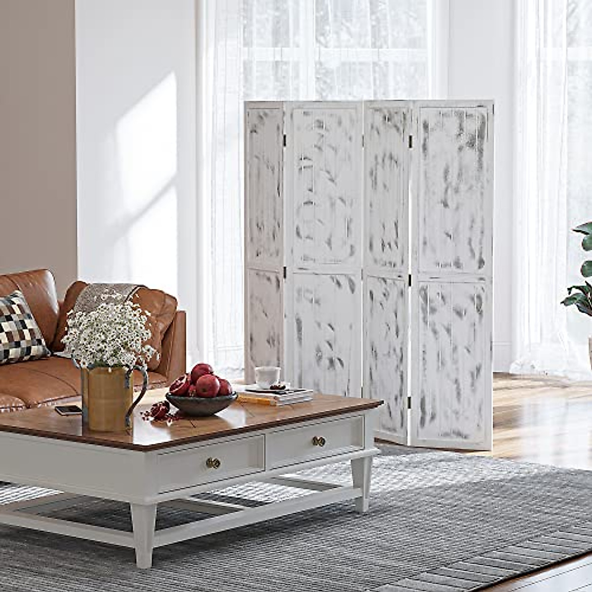 HOMCOM 5.5' Tall 4-Panel Room Divider and Folding Privacy Screen, Woodgrain Freestanding Privacy Divider, Partition Wall, Rustic White