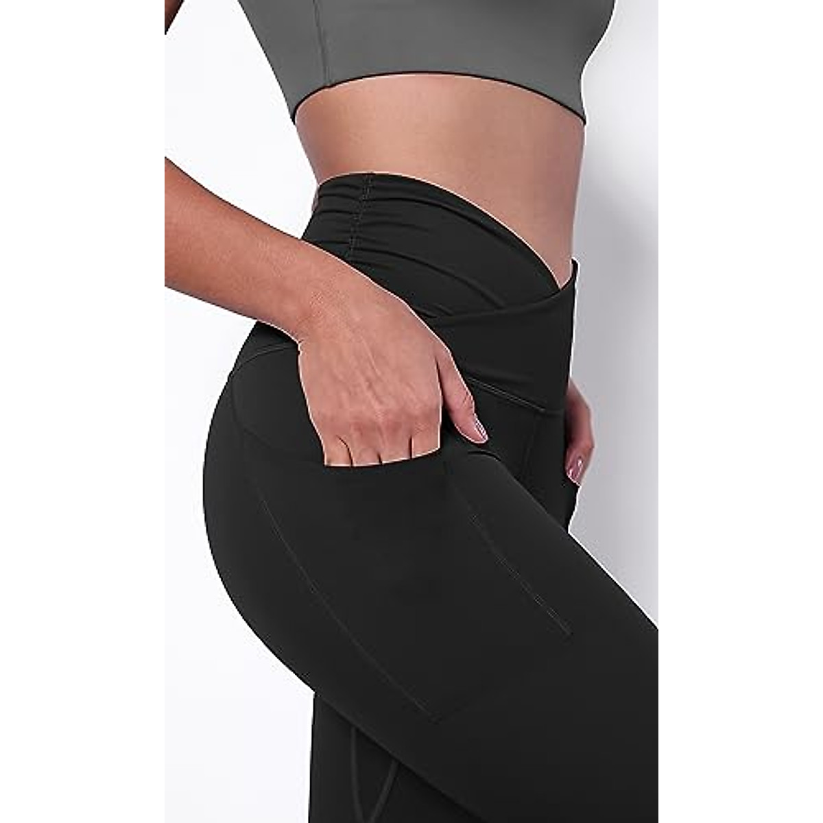 ODODOS Women's Cross Waist Full Length Yoga Leggings with Pockets, Inseam 28" Gathered Crossover Workout Yoga Pants, Black, Medium