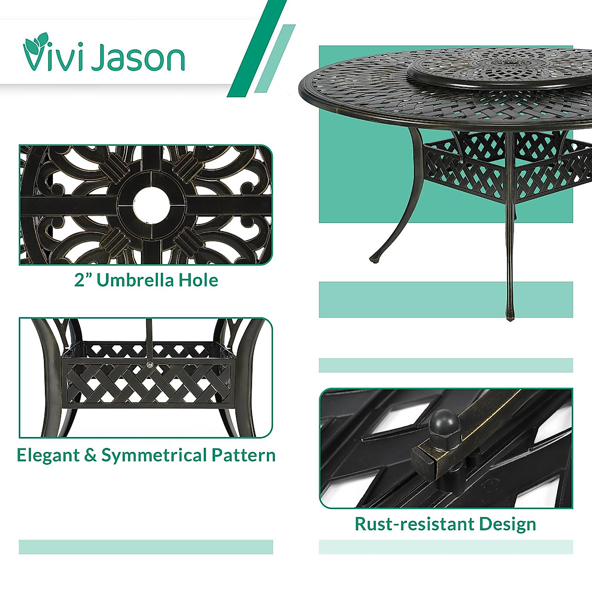 VIVIJASON 9-Piece Patio Dining Set, Rust-Free Cast Aluminum Outdoor Furniture Set, 8 Patio Dining Chairs and 61" Round Dining Table with 31" Lazy Susan, Umbrella Hole for Backyard, Patio, Garden