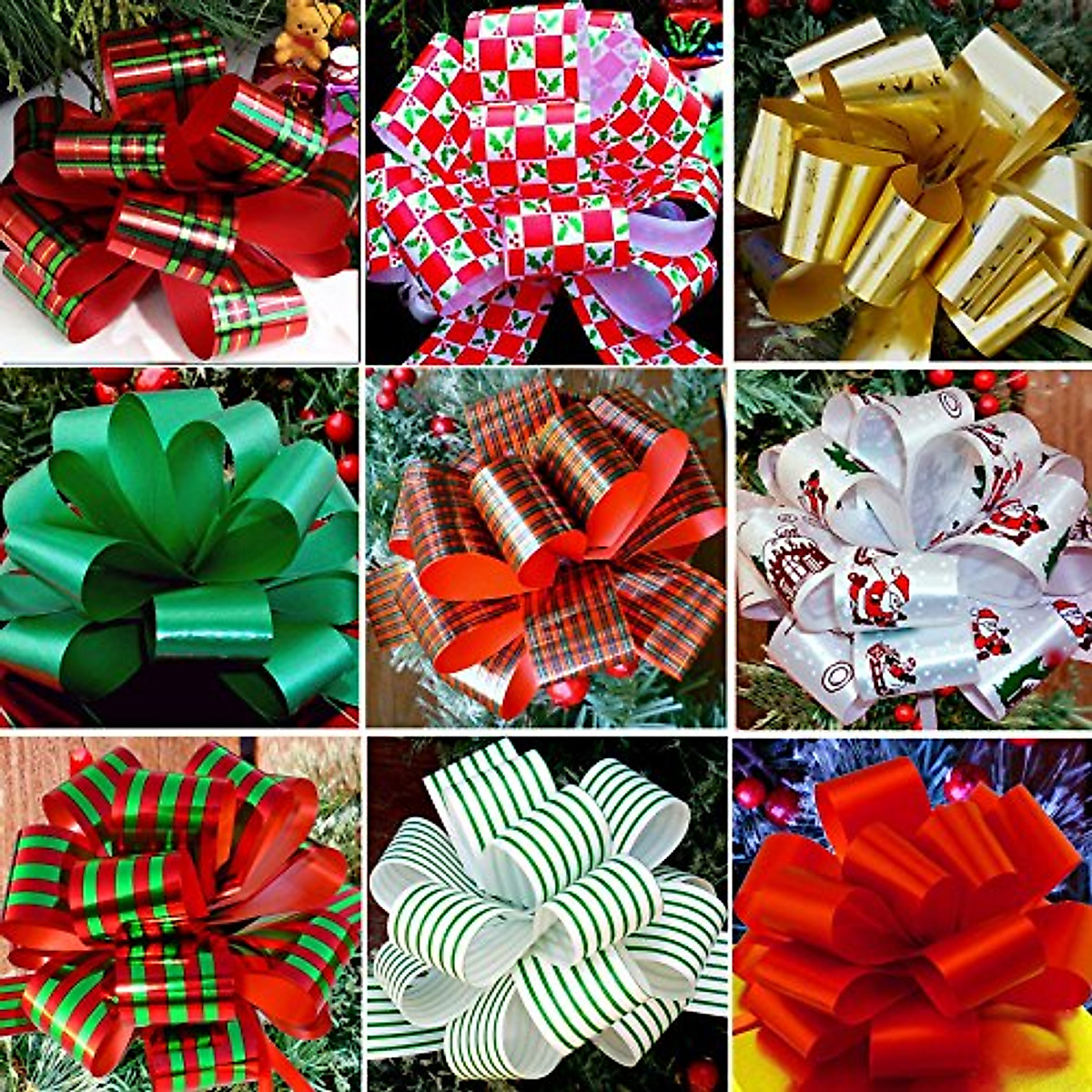 Christmas Gift Pull Bows - 5" Wide, Set of 9, Red, Green, Gold, Stripes, Swirls, Gift Bows, Christmas Presents, Birthday, Boxing Day, Hanukkah, Wreath, Swag, Christmas Tree, Fundraiser