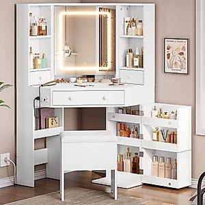 BTHFST Corner Vanity Desk with Lights and Charging Station, Makeup Vanity with Lights, Vanity Set with Mirror and Storage Stool, Makeup Table with Drawers, Rotating Shelves, White