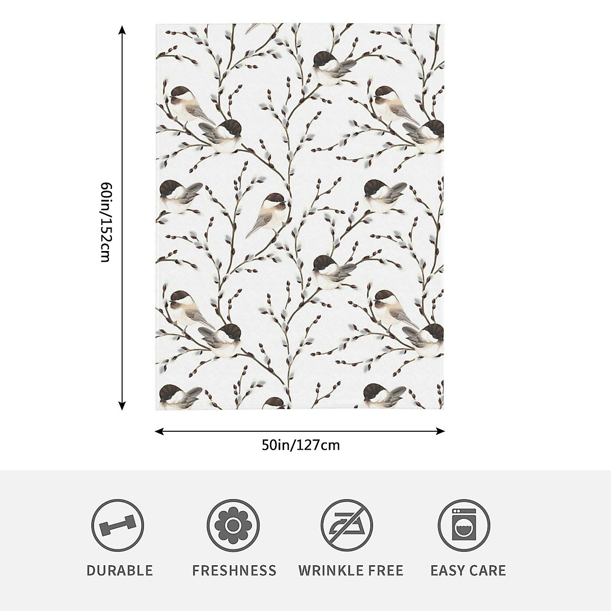 HGOD DESIGNS Bird Throw Blanket Flannel Fleece Blanket Willow Branches and Birds Black-Capped Chickadee Lightweight Throw for Bed Sofa Travel Teens Birthday s 50" x 60