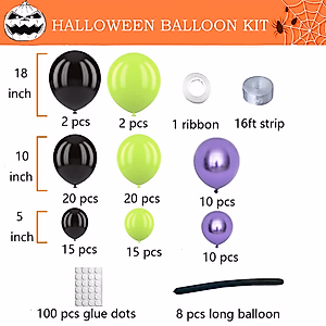 Halloween Balloon Garland Arch kit with Black Green Metallic Purple Balloons Spider Balloons, Long Balloons for Halloween Party Classroom Background Decoration