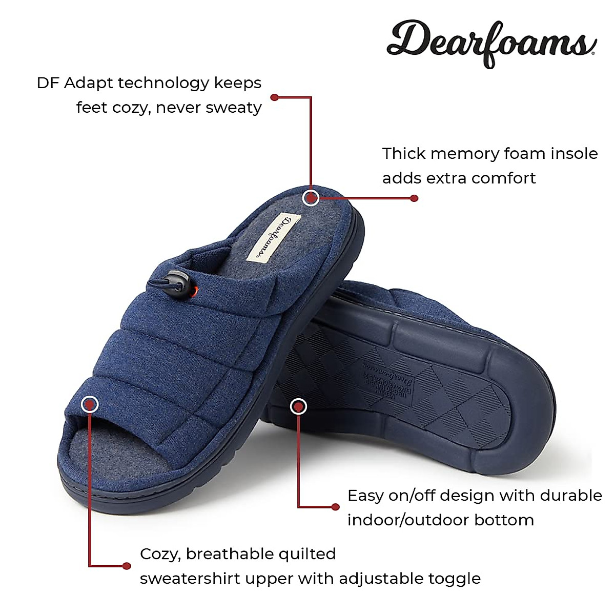Dearfoams mens Adrian Quilted Memory Foam Sweatshirt Slide Slipper, Navy, Large US