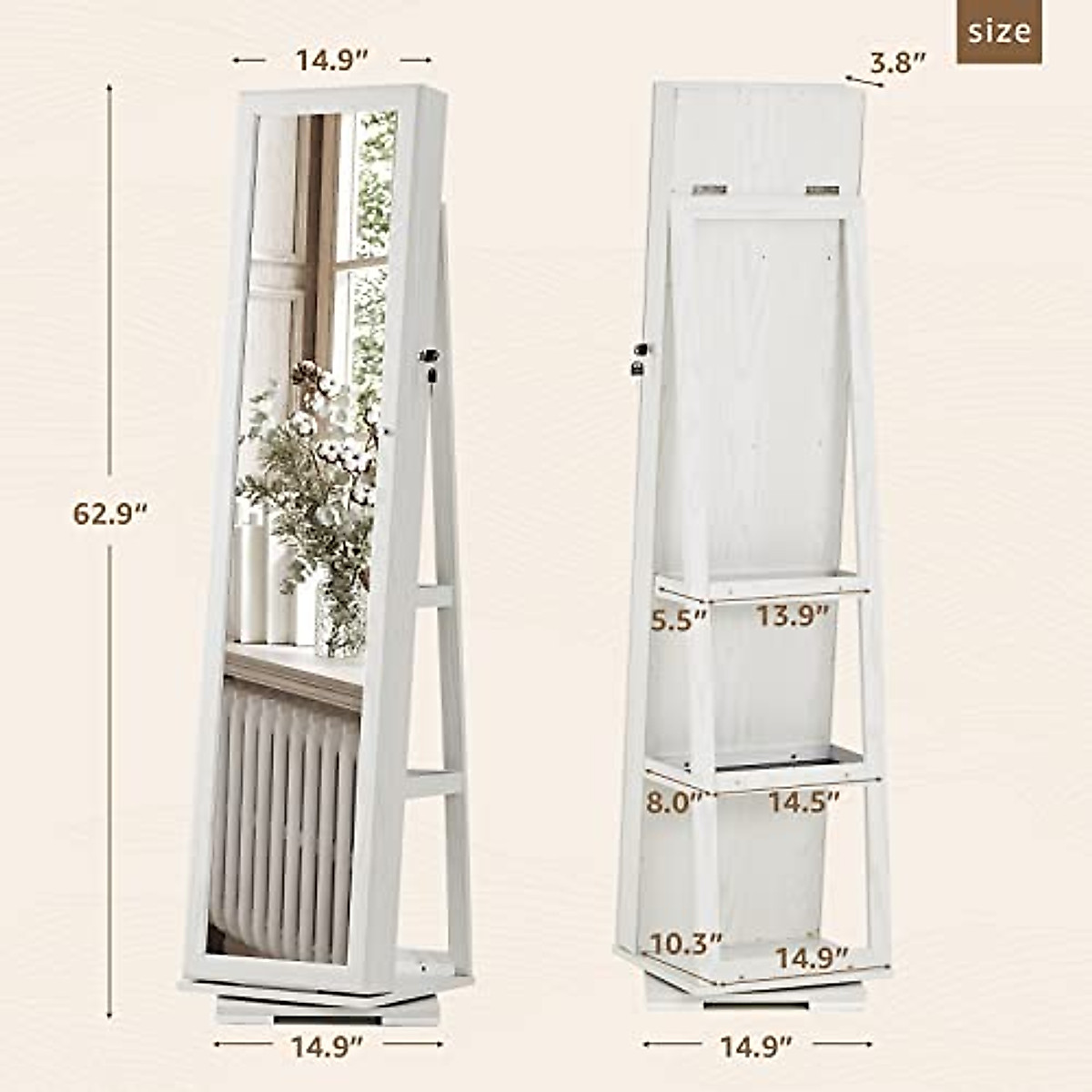 SERWALL 360 Rotating Jewelry Stand Organizer - Freestanding Dressing Mirror Jewelry Cabinet Storage - WHITE