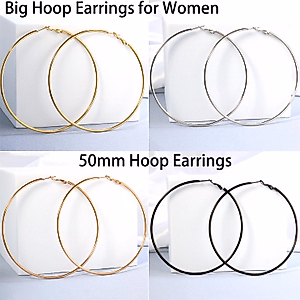 4 Pairs Fashion Big Hoop Earrings, Lightweight Large Hoop Earrings Hypoallergenic 14K Gold Plated Big Hoops for Women (50mm- 14K Gold, Rose Gold, Silver, Black)