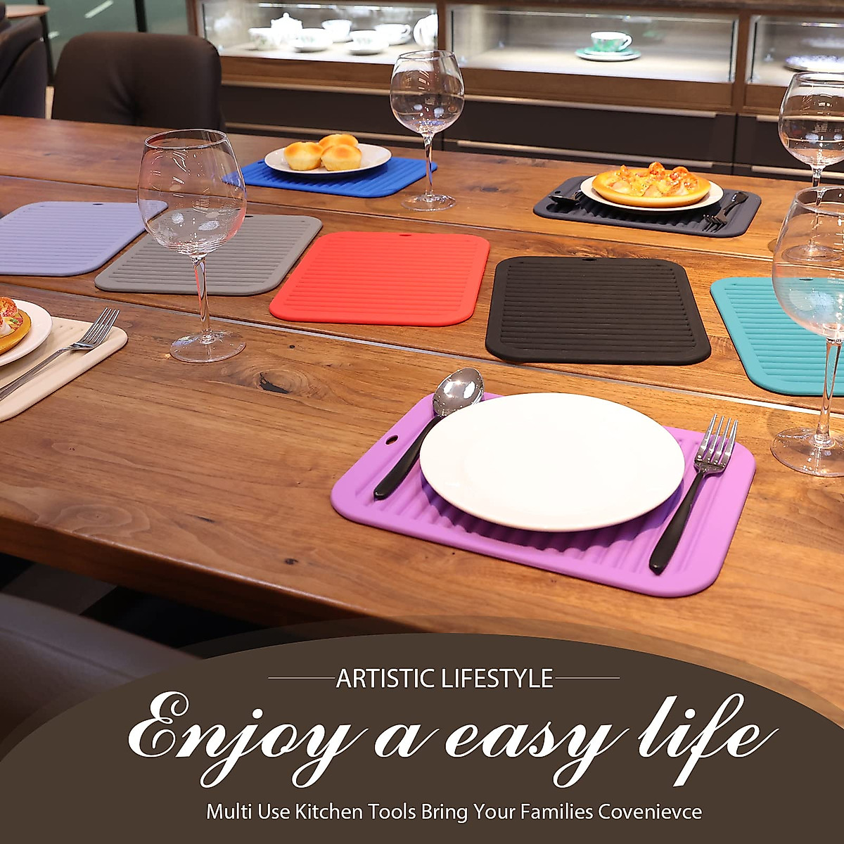 Breeze Touch Silicone Trivet Mats for Hot Dishes, 4 Pack Pot Holders for Kitchen Trivets for Hot Pots and Pans, Heat Resistant Non-Slip Hot Pads for Jar Opener Spoon Holder Counter, 9"x12" Blue