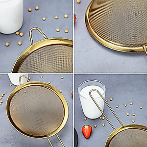 Gold Fine Mesh Strainer 3 Pieces Set, Golden Flour Sifter For Baking, Stainless Steel Clander, Gold Matcha Tea Strainer, Gravy Separator, Stasher Sieve Pasta Strainers