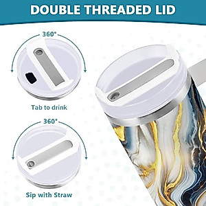 Maunzc 40 oz Tumbler with Handle and Straw, Insulated Stainless Steel Travel Mug with Lid for Coffee, Iced Tea, Water, Gift for Men Women (White Blue Gold Marble)