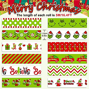 Whaline 12 Rolls Christmas Washi Tape Funny Cartoon Characters Decorative Tape Green Red Xmas Holiday Masking Tape for Christmas Scrapbook Journal Calendar DIY Craft Gift Wrapping, 16.4ft x 0.6"
