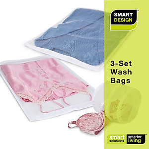 Smart Design Intimate Wash Bag w/ Safety Zipper - Washing Machine Safe - Fine Mesh Nylon Polyester - Bra, Hosiery, Pantyhose, Delicates, Lingerie, Sweater, & Baby Clothes (Set of 3) [White]
