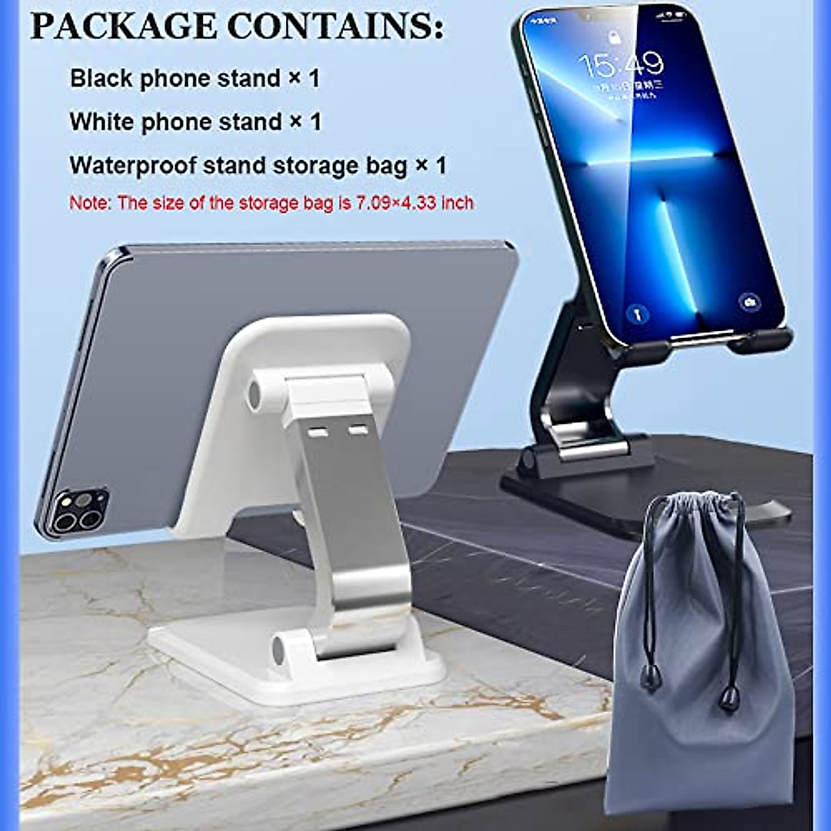 2-Pack Foldable Cell Phone Stand for Desk, Portable Height Angle Adjustable Phone Holder iPhone Stand with Storage Bag, Desktop Phone Cradle Mount Dock for Smartphone iPad Tablet