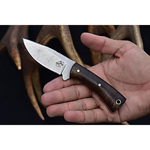 Knives Ranch Fixed Blade EDC Knife with Horizontal Carry Sheath – Small Hunting Knife – Damascus Skinning Knife – Cowboy Knife with Leather Sheath Stabilized Rosewood Handle (4402-IRW)