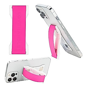 LoveHandle PRO Premium Phone Grip - Silicone Phone Strap - Magnetic Phone Mount and Kickstand for Smartphone and Tablet - Hot Pink Silicone on White Base