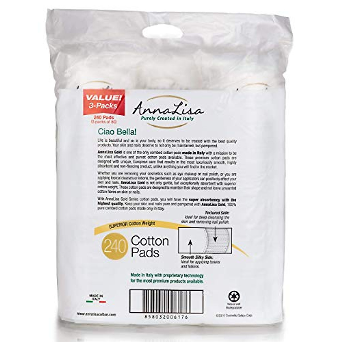 AnnaLisa 100% Pure Combed Cotton Rounds 3 Packs of 80 Hypoallergenic & Absorbing Cotton Pads for Face/Makeup/Nail Polish Removal |240-Piece Italian Round Facial Cleansing|
