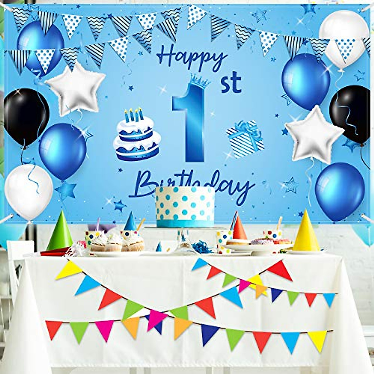 Happy 1st Birthday Backdrop Banner Blue Newborn Boys First Birthday Backdrop Photography Background for 1st Birthday Baby Shower Party Decorations Supplies 72.8 x 43.3 Inch
