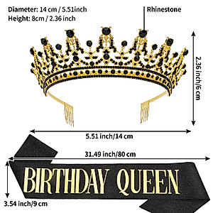 GAFATORY Black Gold Birthday Queen Crown and Sash for Women Princess Tiara and Sash for Girls