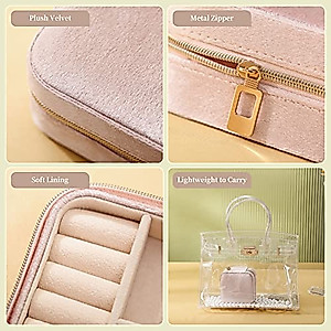 CASEGRACE Travel Jewelry Case, Plush Velvet Jewelry Box Small Jewelry Travel Organizer Display Rings Necklace Bracelet Earrings Storage Case for Women Girls, Pink
