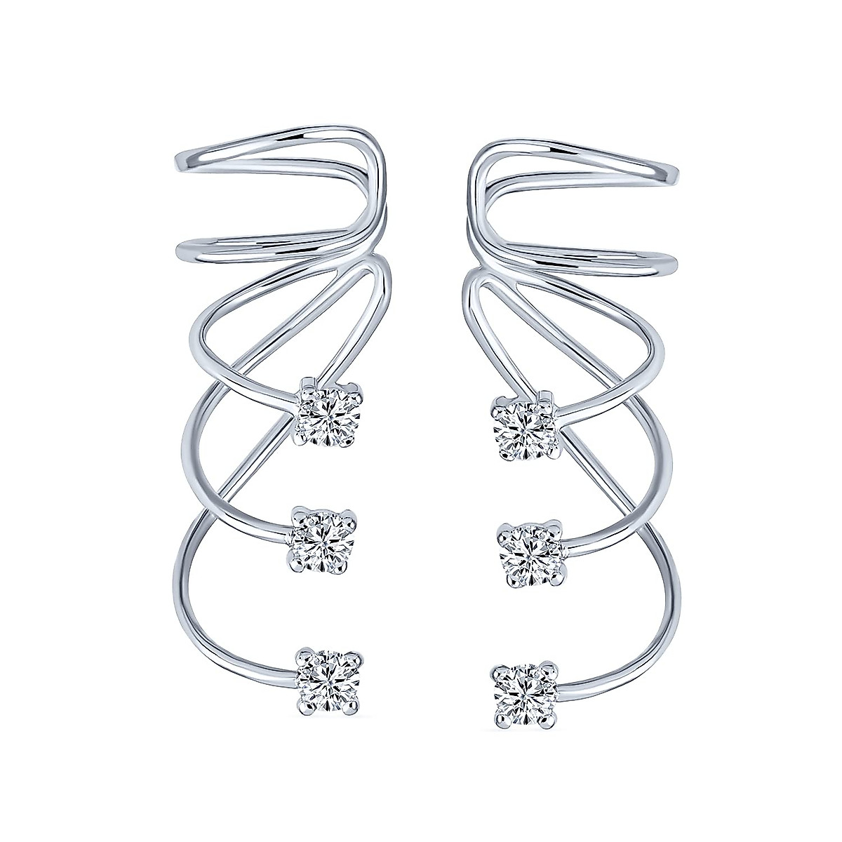 Triple Spiral CZ Curved Crawlers Wire Cubic Zirconia Cartilage Ear Cuff Pin Earring For Women Teen .925 Sterling Silver