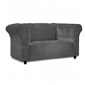 Easy-Going Stretch Velvet Chesterfield Style Couch Slipcover for Living Room, Soft Non-Slip Sofa Cover Furniture Protector for Dogs (Loveseat, Gray)
