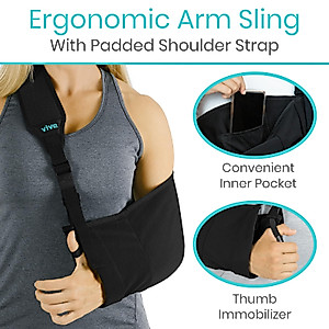 Vive Arm Sling Shoulder Immobilizer for Left or Right Arm - Comfortable Relief for Shoulder & Elbow Injury, Rotator Cuff Surgery, Broken Wrist, Hand - Adjustable Padded Straps Fit Men & Women (Black)