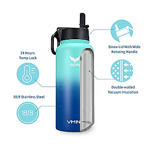 Vmini Water Bottle with New Wide Handle Straw Lid, Wide Mouth Vacuum Insulated 18/8 Stainless Steel, 4 Straws and 2 Brushes, 32 oz, Gradient Mint + Blue