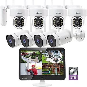 Kittyhok Wireless Security Camera System with 10CH 12" Monitor, 4pcs 2K WiFi Security Camera & 4pcs PTZ Outdoor Security Camera with 360 Viewing, Auto Tracking, Human Detection, Spotlight, 1TB HDD