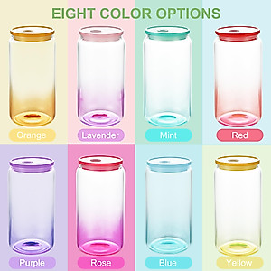 Laosh 8 Pack Sublimation Glass Cups, 16oz Sublimation Glass Tumbler Blanks with Colored Lids and Straws, Gradient Mason Jars Cups Beer Can Mug DIY Gift for Iced Coffee Beer Juice Soda