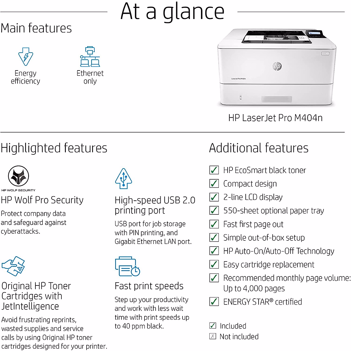 HP Laserjet Pro M404n Single-Function Wired Monochrome Laser Printer, White - Print only - 40 ppm, 4800 x 600 dpi, 256MB Memory, 8.5 x 14, Ethernet, Cbmou Printer_Cable