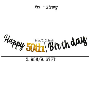Happy 50th Birthday Banner 50TH Birthday Party Garlands Bunting Sign Photo Props Backgrounds,50 Years Birthday Party Decorations Pre-Strung (Black)