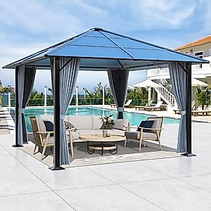 Funny Sunny10'x10' Hardtop Gazebo, Outdoor Gazebo with Translucent Roof, Polycarbonate Top Steel Frame Garden Tent with Breathable Mesh and Privacy Curtains for Patio Lawn Garden Backyard, Gray