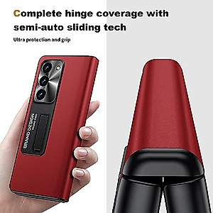 for Samsung Z-Fold-5 Cover: Genuine Leather Galaxy Fold 5 Kickstand Case[Hinge Protection][Screen Protector] Skin Felling - Durable Shockproof Protective Phone Case for Galaxy Fold 5 2023 - Red