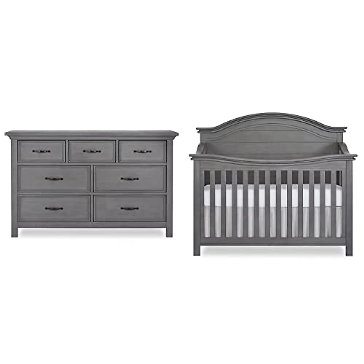 Evolur Belmar Double Dresser in Rustic Grey, 54x20.25x33 Inch (Pack of 1) & Belmar Curve 5-in-1 Convertible Crib in Rustic Grey
