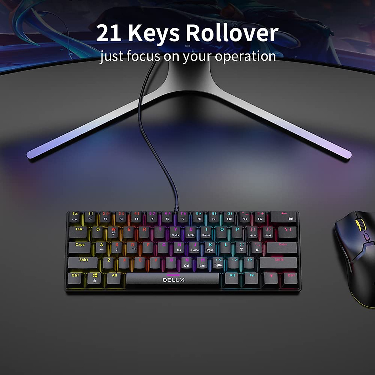 DeLUX 60% Mechanical Keyboard with Clicky Blue Switches, RGB Rainbow Backlit, 61 Keys and 21 Keys Anti-Ghosting, Wired 60 Percent Mini Gaming Keyboard for PC Computer Gamer(KM36-Black)