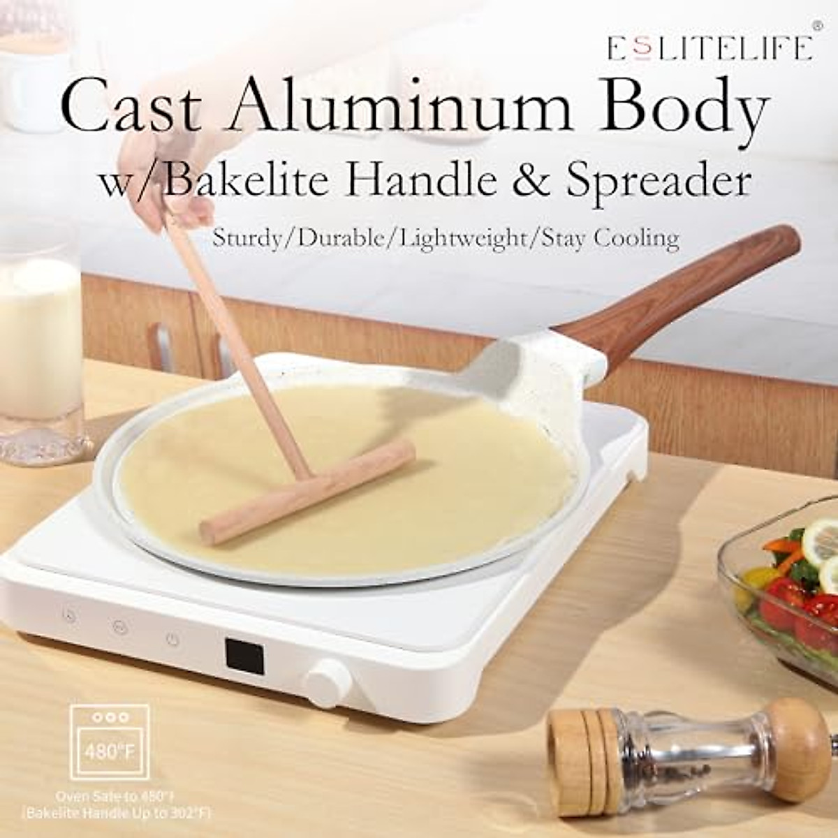 ESLITE LIFE Crepe Pan with Spreader, Nonstick Ceramic Coating Flat Skillet Tawa Dosa Tortilla Pan, PFOA Free (White, 3 Pcs Set:9.5"+11" w/spreader)