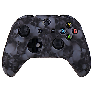 YoRHa Water Transfer Printing Skull Silicone Cover Skin Case for Microsoft Xbox One X & Xbox One S Controller x 1(Grey) with PRO Thumb Grips x 8