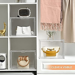 Qozary 3 Pack Handbag Purse Organizer for Closet, Clear Display Case, Stackable Plastic Storage Organizer Boxes for Handbag, Purse, Figures, Toys Collection, High-End Sunglasses, Book