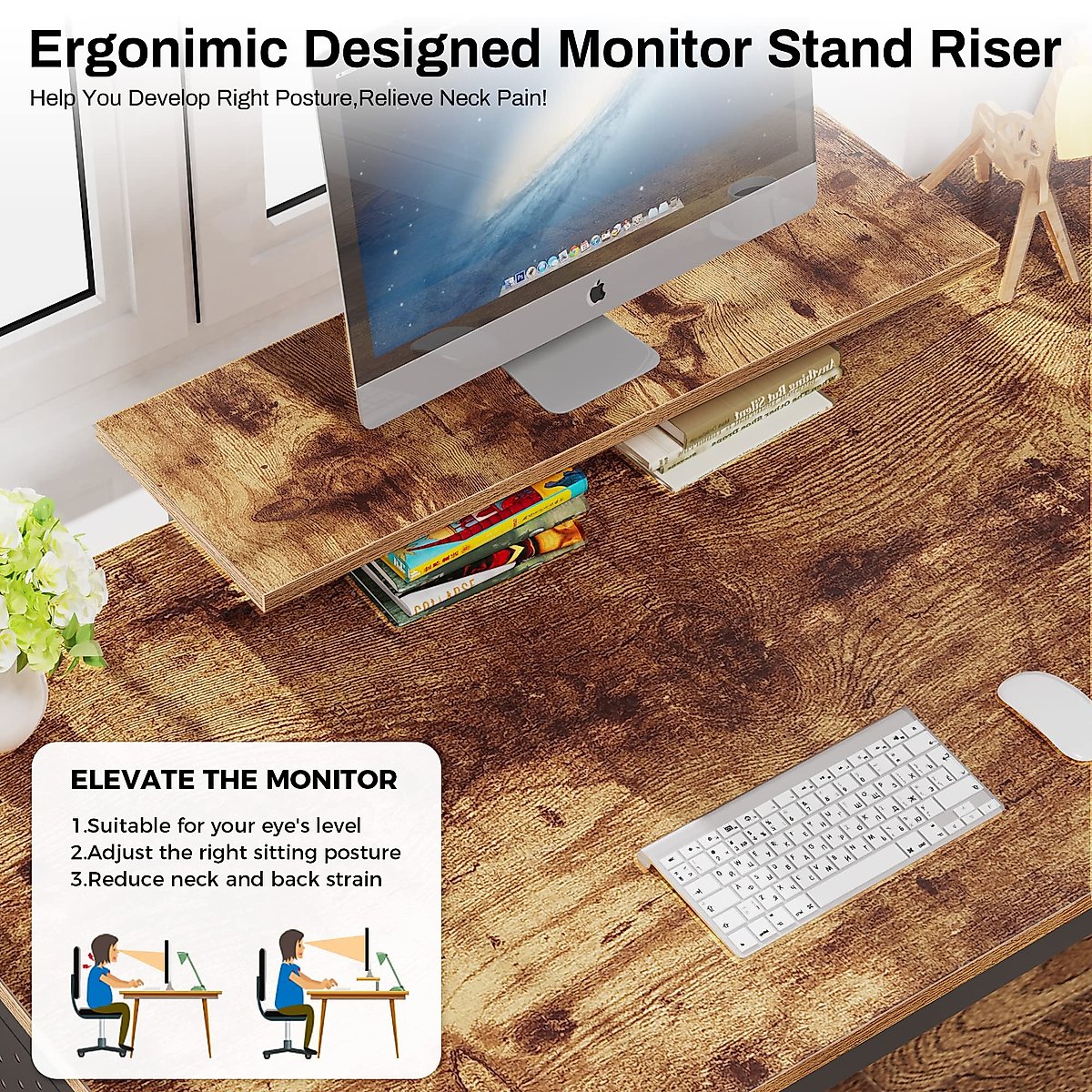 DESIGNA 55 Inch Home Office Computer Desk with Monitor Stand Storage Shelves, Study Writing Moder PC Computer Gaming Desk Large Workstation with 2 Hooks & Storage Bag,Easy Assembly，Rustic Brown/Black
