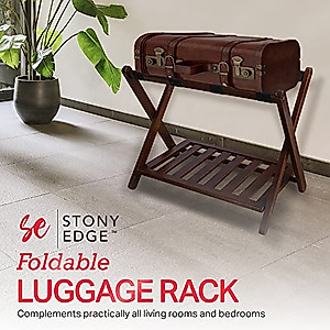 Stony Edge folding luggage rack for guest room Perfect sized 26.75”x16”x22.25” with Extra Shelf Storage - Suitable for Luggage, Suitcase and Shoes (WALNUT)
