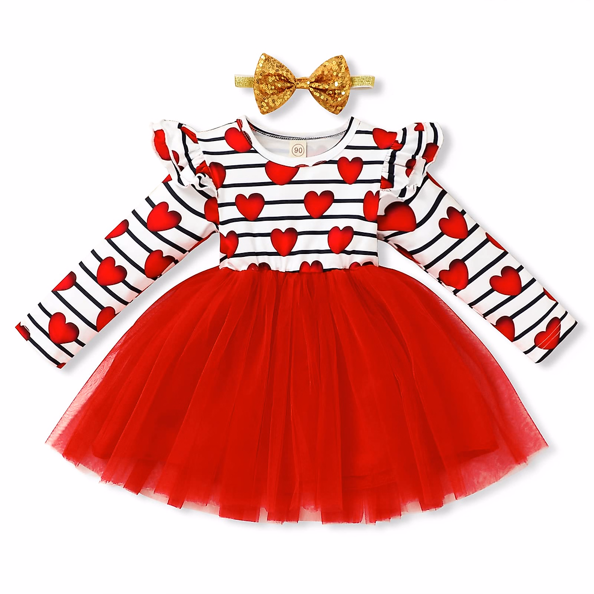Baby Girls Valentine's Day Outfits Long Sleeve Stripe Heart Print Tutu Skirts Ruffle Dress Toddler Girl Clothes(Red,5-6T)