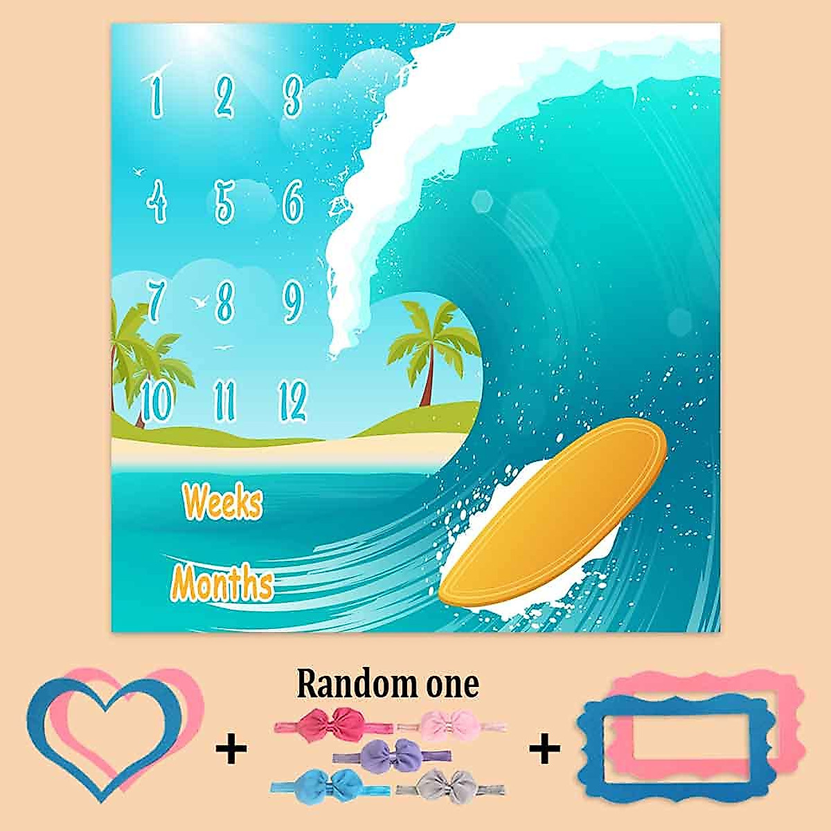 PHMOJEN Baby Monthly Milestone Blanket, Sea Surfboard Waves, Newborns 1 to 12 Months Unisex Include 4 Frames and 1 Headband 47"x47"BTLSPH495