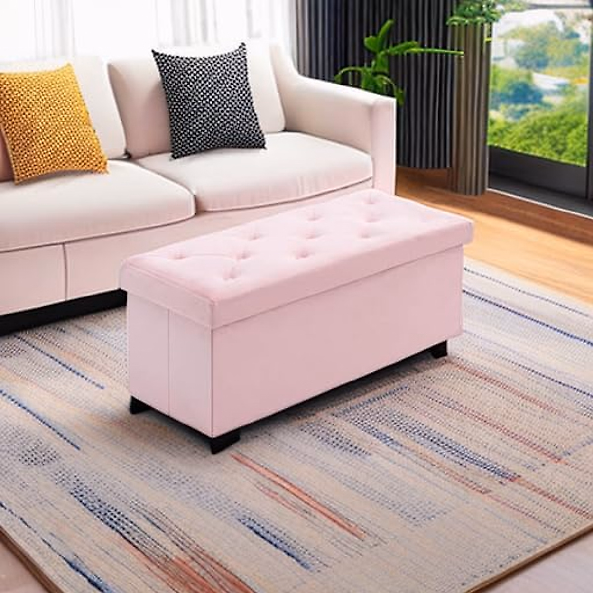 BRIAN & DANY 43 Inches Folding Storage Ottoman Bench, Velvet Ottoman with Storage for Living Room, Long Shoes Bench,Flannelette Footrest Benches Seat (Pink)