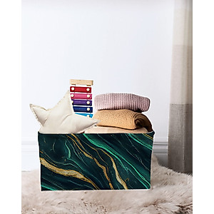 Marble Emerald Green Cube Storage Organizer Bins with Handles, 15x11x9.5 Inch Collapsible Canvas Cloth Fabric Storage Basket, Modern Abstract Gold Art Books Kids' Toys Bin Boxes for Shelves, Closet