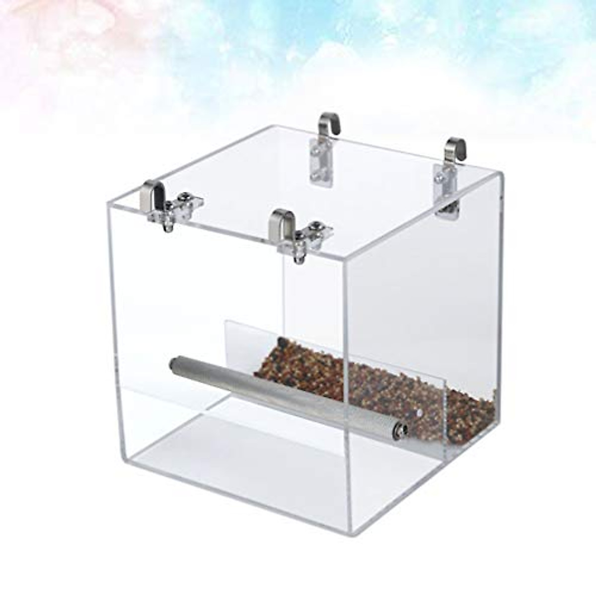 Baluue Automatic Bird Feeder No Mess Bird Cage Feeder, Acrylic Bird Cage Feeder Hanging Bird Feeder with Hooks 6.2 inch Square Bird Feeder