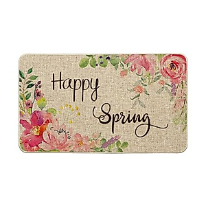 Artoid Mode Peony Flowers Happy Spring Doormat, Seasonal Home Decor Holiday Low-Profile Floor Mat Switch Mat for Indoor Outdoor 17 x 29 Inch