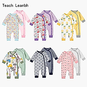 Teach Leanbh Baby Boys Girls 2 Pack Footless Pajamas Cotton Long Sleeve Stripes Printing Side Snap Romper Jumpsuit 3-24 Months (12-18 Months, Navy/Star)