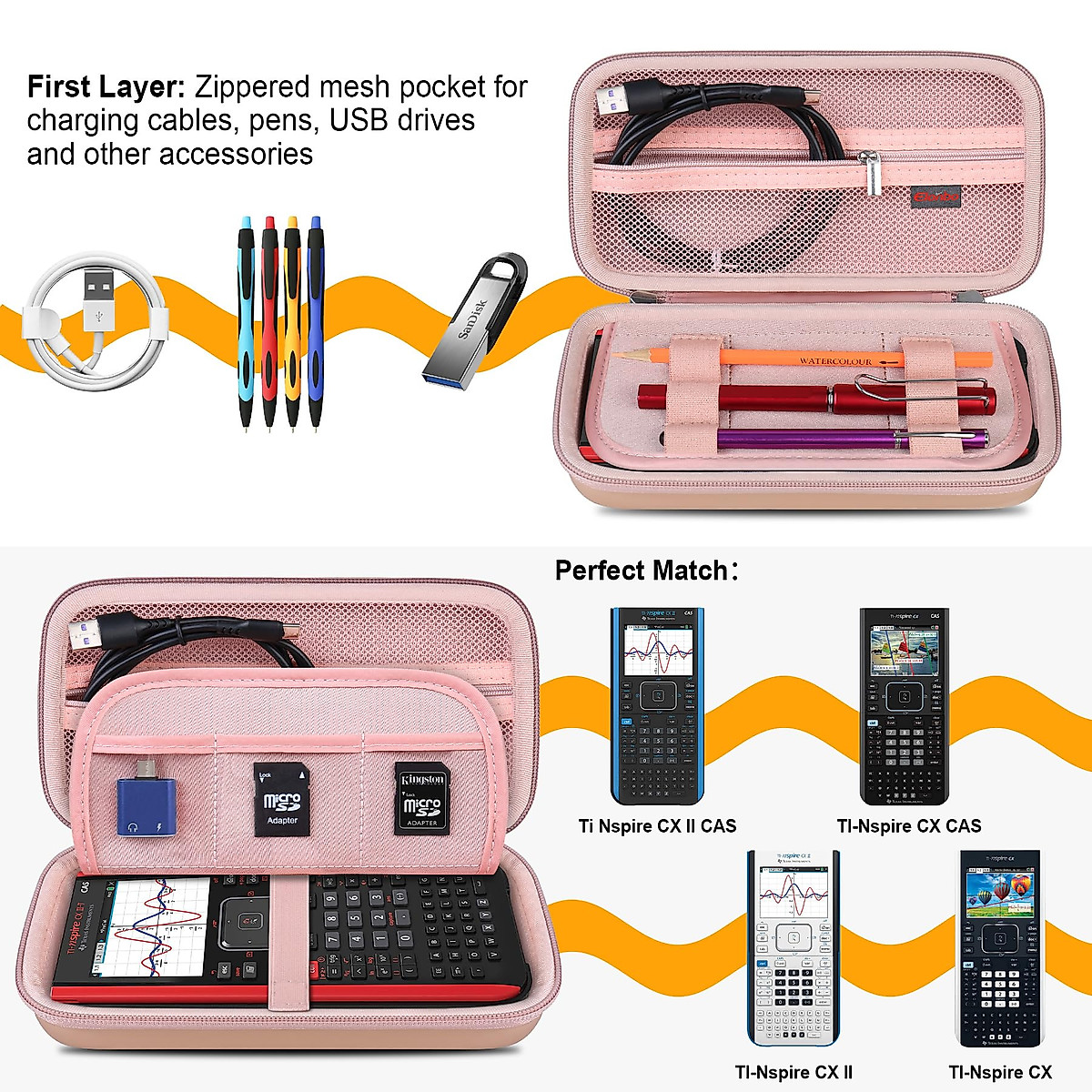 Elonbo Hard Travel Case for Texas Instruments TI-Nspire CX II CAS/CX II/CX CAS Color Graphing Calculator, Extra Zipped Pocket Fits Charging Cable, Charger, Manual, Rose Gold