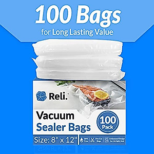 Reli. Vacuum Sealer Bags 8x12 in. | 100 Bags | Pre-Cut Embossed Vacuum Bags for Food | BPA Free | Vacuum Seal Bags for Sous Vide, Food Freezer Storage/Food Prep | Quart Size, Clear